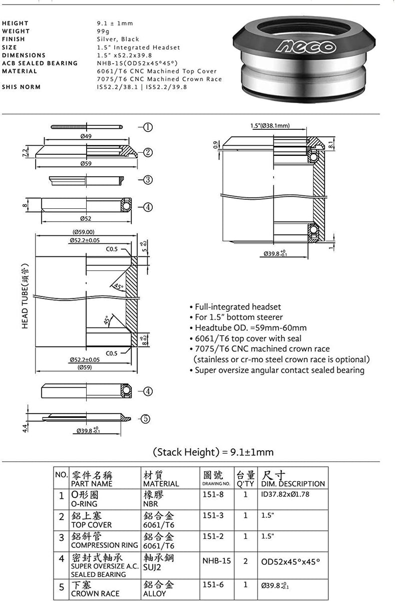 Neco Headset H382- Full-Integrated, for 1.5" Steerer 52.2mm Head Tube – Green Eden E-Bikes