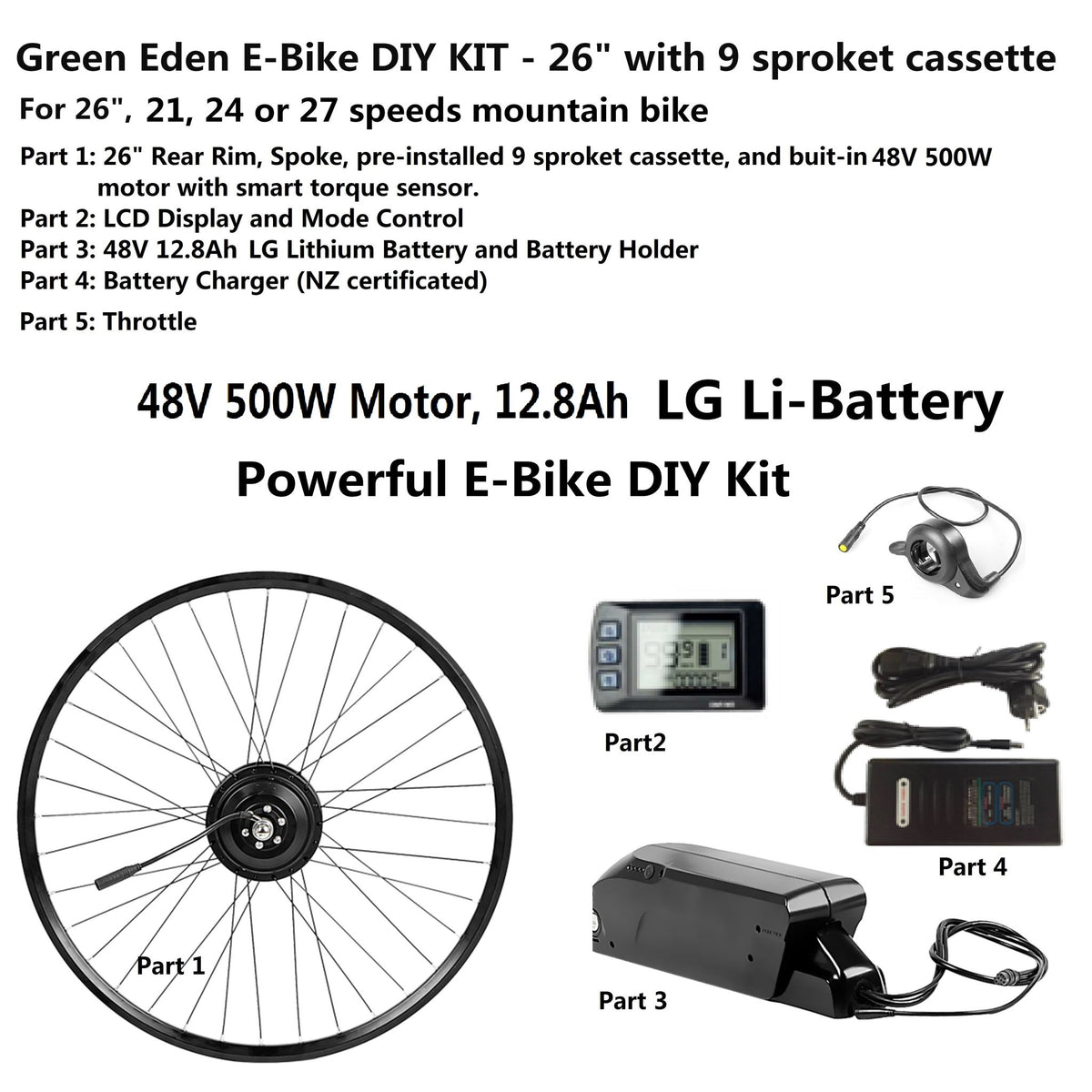 E-Bike DIY Kit - convert 26" mountain bike to EBike, 48V 500W,12.8Ah L ...