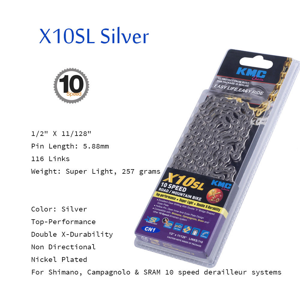 Bike Chain KMC X10SL X2.0 10 SPEED CHAIN – SILVER, racing grade – Green ...